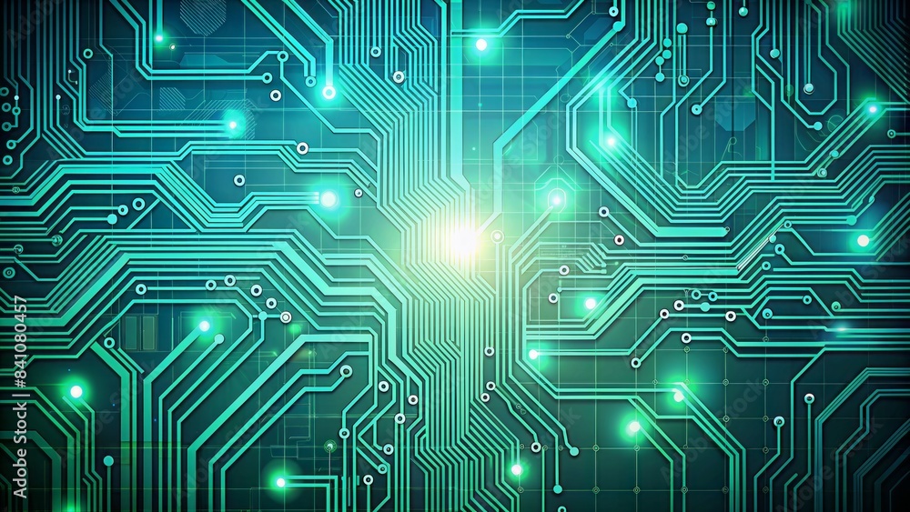 Intricate circuit board with electrical lines and components on a blue ...