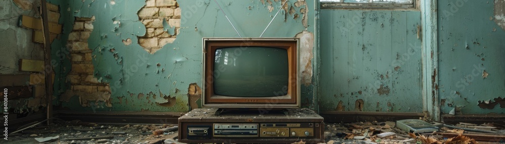 An abandoned room with a dusty vintage television set, highlighting the ...