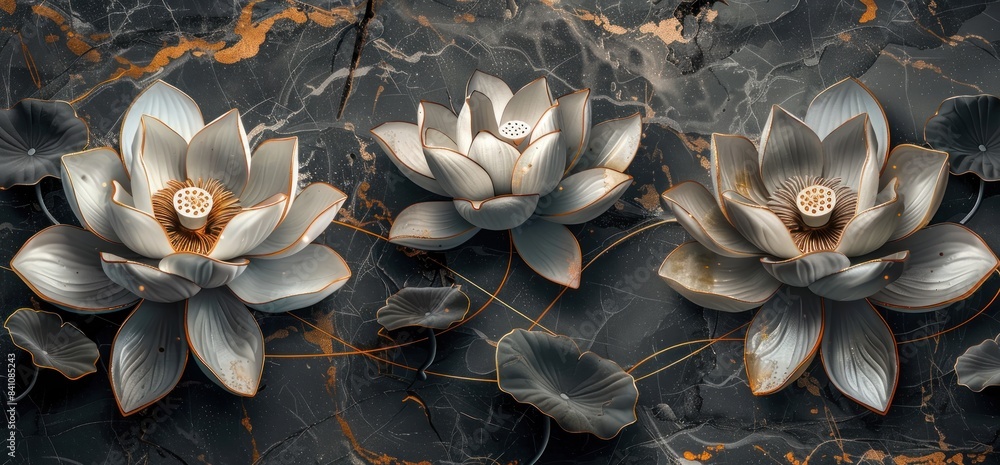 3D luxury wallpaper design with lotus flowers on a black granite ...