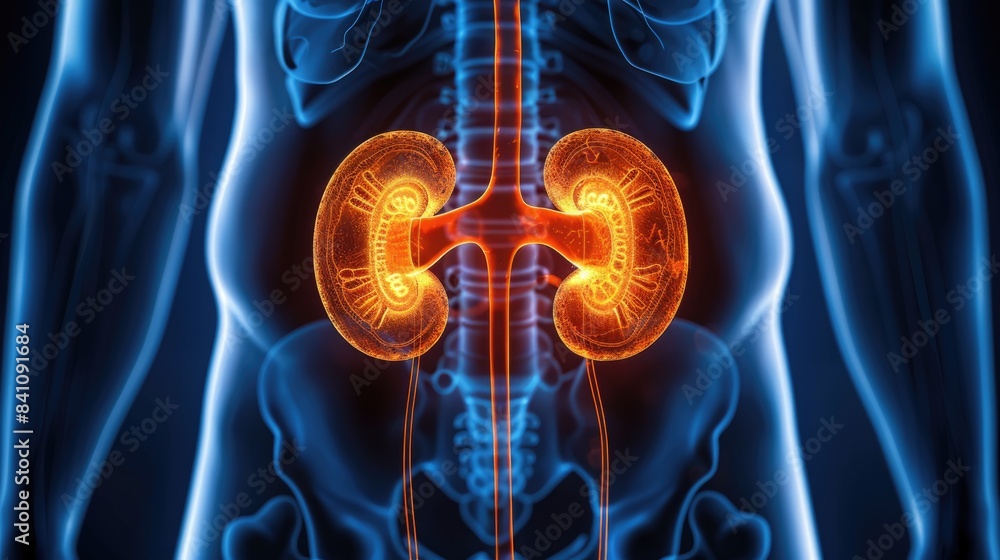 3D medical illustration of the human kidneys and urinary system ...
