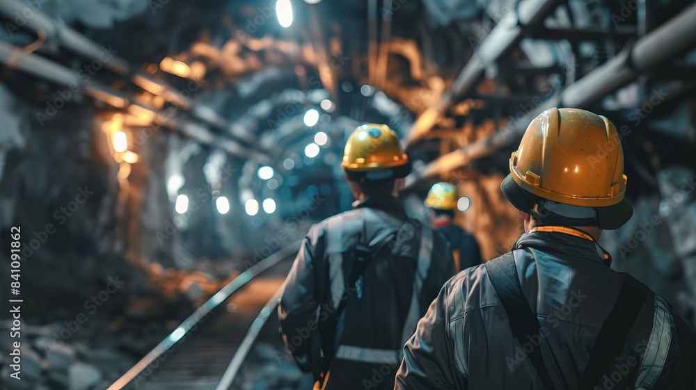 Workers in a gold mine, front view, illustrating teamwork and effort ...
