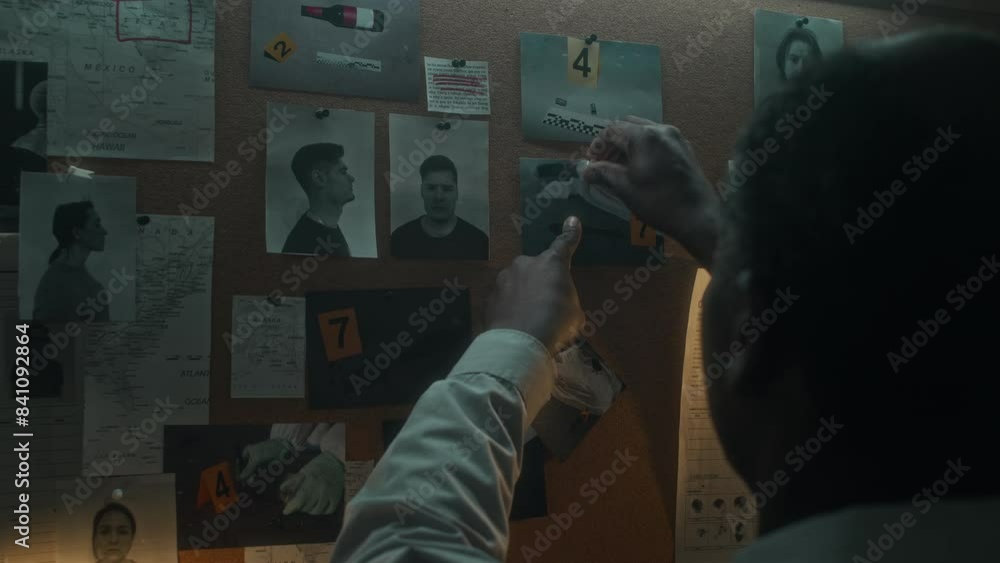 Close-up over-shoulder shot of black male agent pinning crime scene ...
