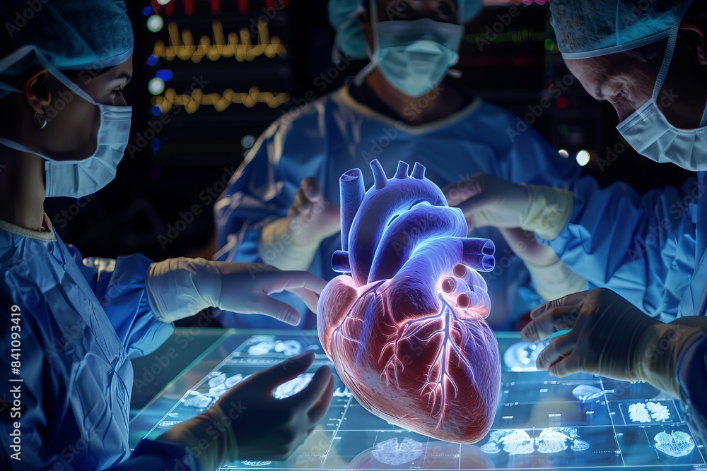 Surgeons adjusting holographic heart display during surgery, showcasing ...
