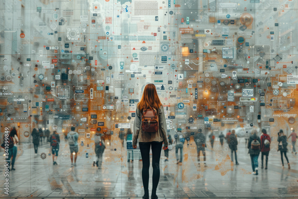 A woman stands in the middle of a busy city street, surrounded by a ...