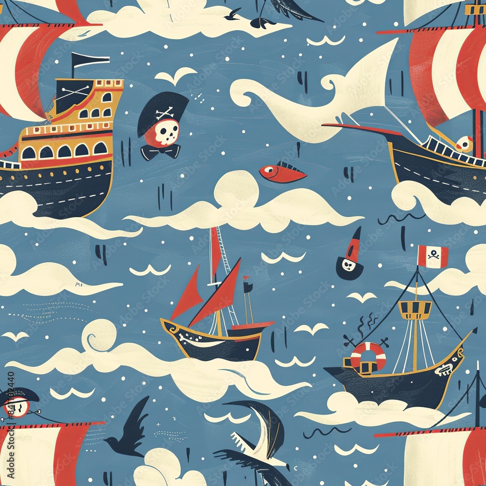 A detailed illustration of a toy pirate ship sailing on imaginary seas ...
