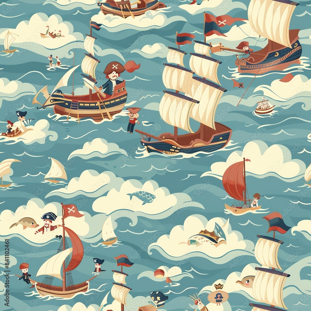 A detailed illustration of a toy pirate ship sailing on imaginary seas ...