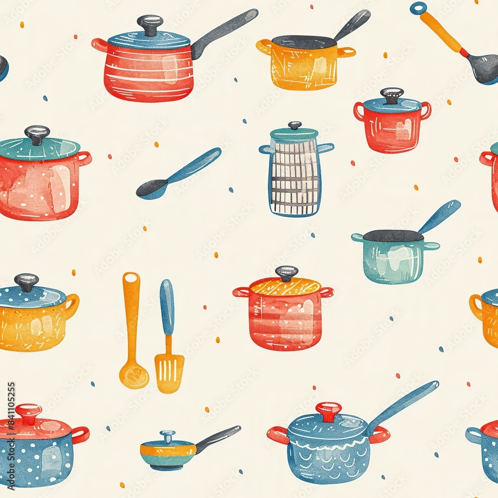 A detailed drawing of a toy kitchen set, with pots, pans, and utensils ...