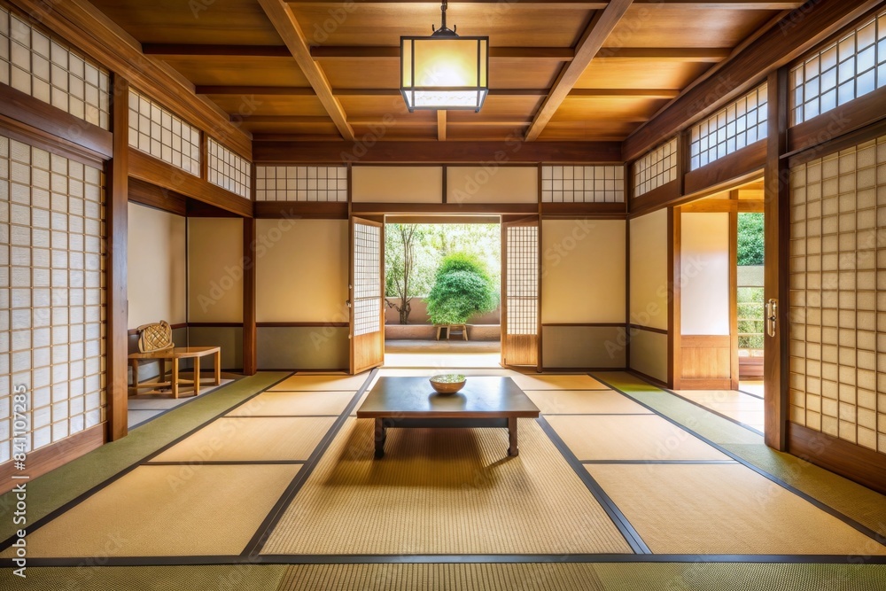Minimalist Japanese tea room with tatami mats, low tables, and shoji ...