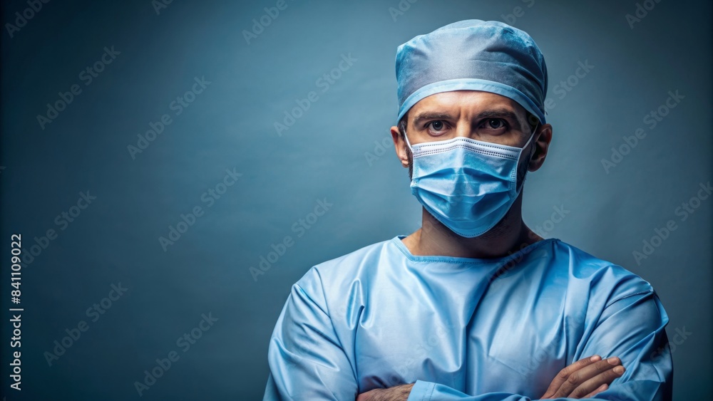 Professional male surgeon in blue surgical gown and mask standing in a ...
