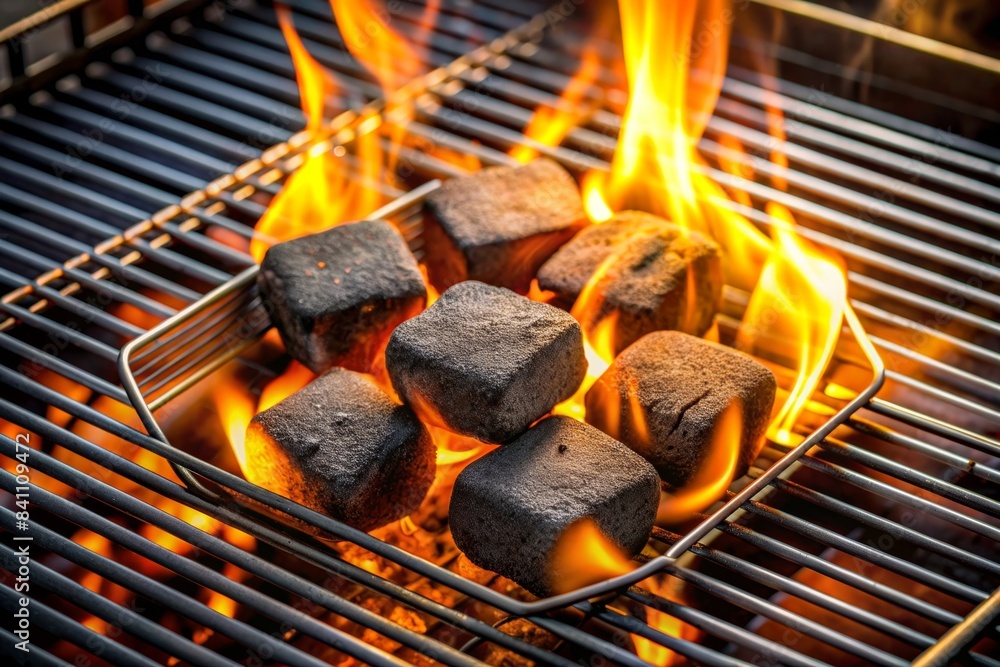 Bbq charcoal briquettes cube shape grill with flame burning fire, Bbq ...