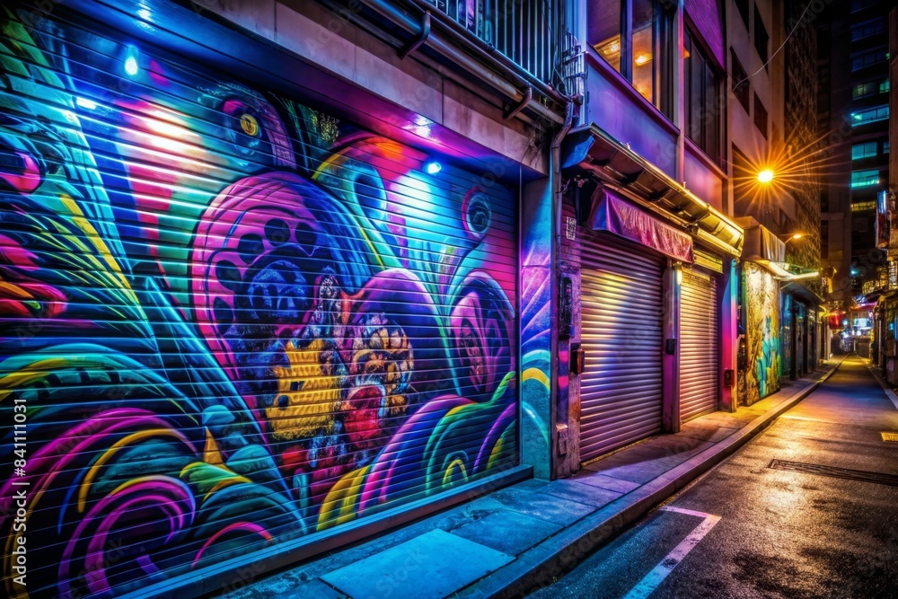 Japanese graffiti on street wall with neon light street art by night ...