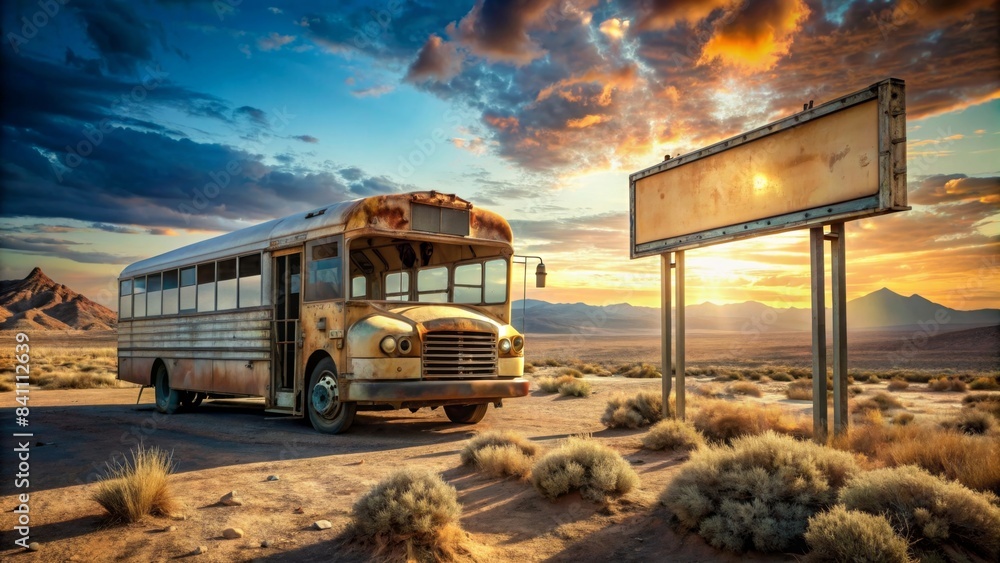 Dilapidated old school bus in a retrofuturistic desert scene with a ...