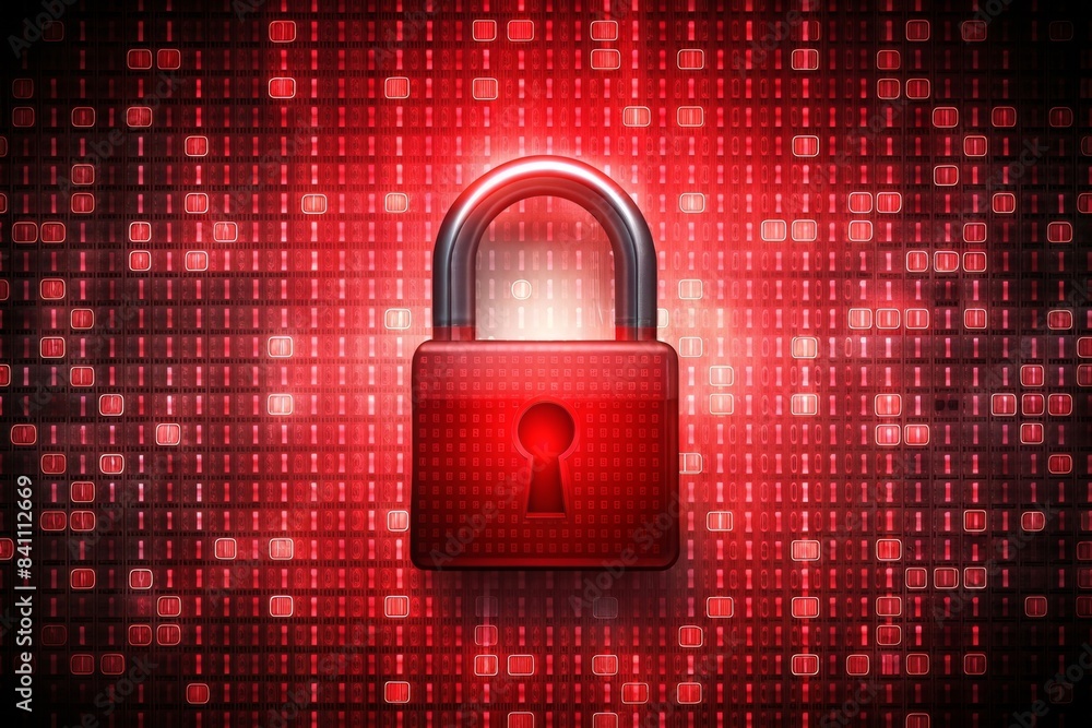 Cybersecurity red alert warning padlock with binary letters and numbers ...