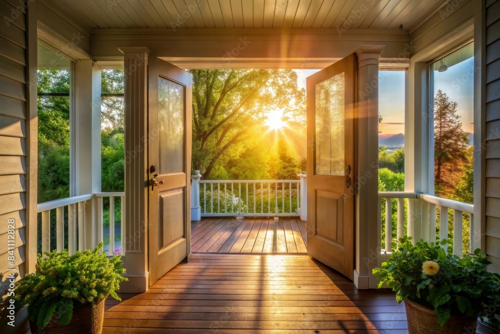 Front porch bathed in sunlight with an open door , porch, sunlight ...