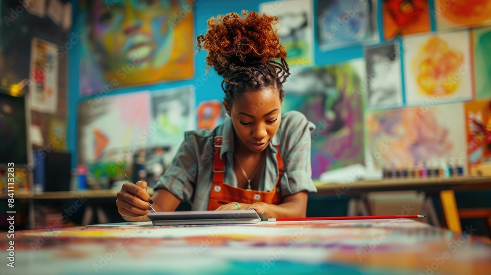 The picture of the african american female graphic designer is working ...