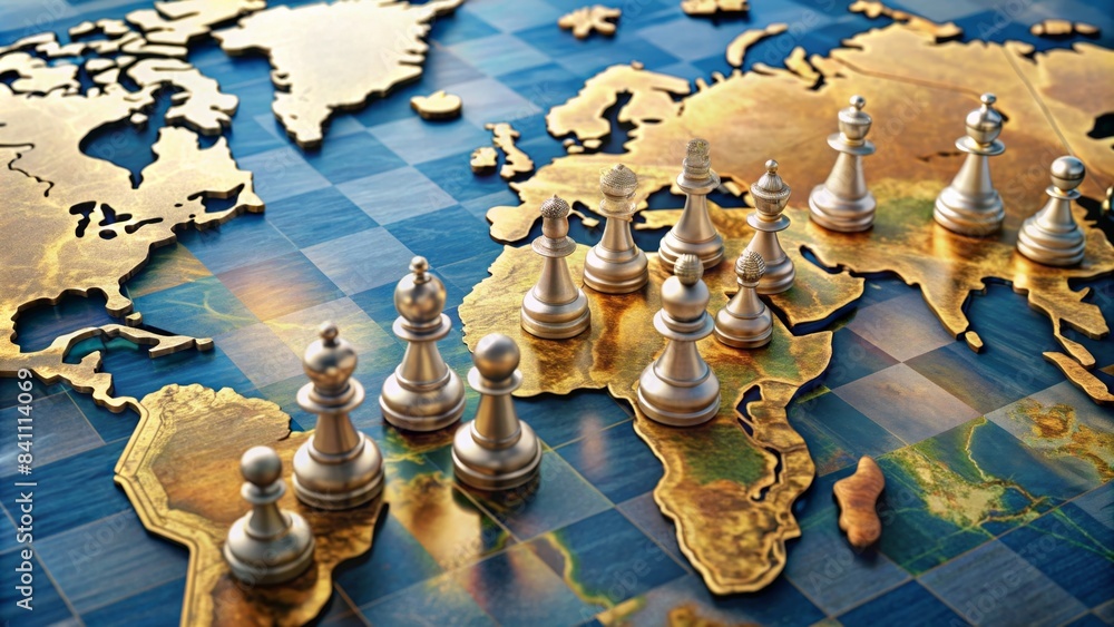 Geopolitics and economy depicted as chess piece at play on world map ...