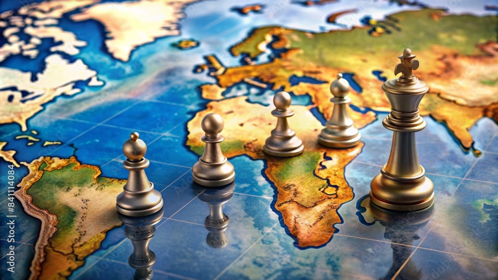 Geopolitics and economy depicted as chess piece at play on world map ...