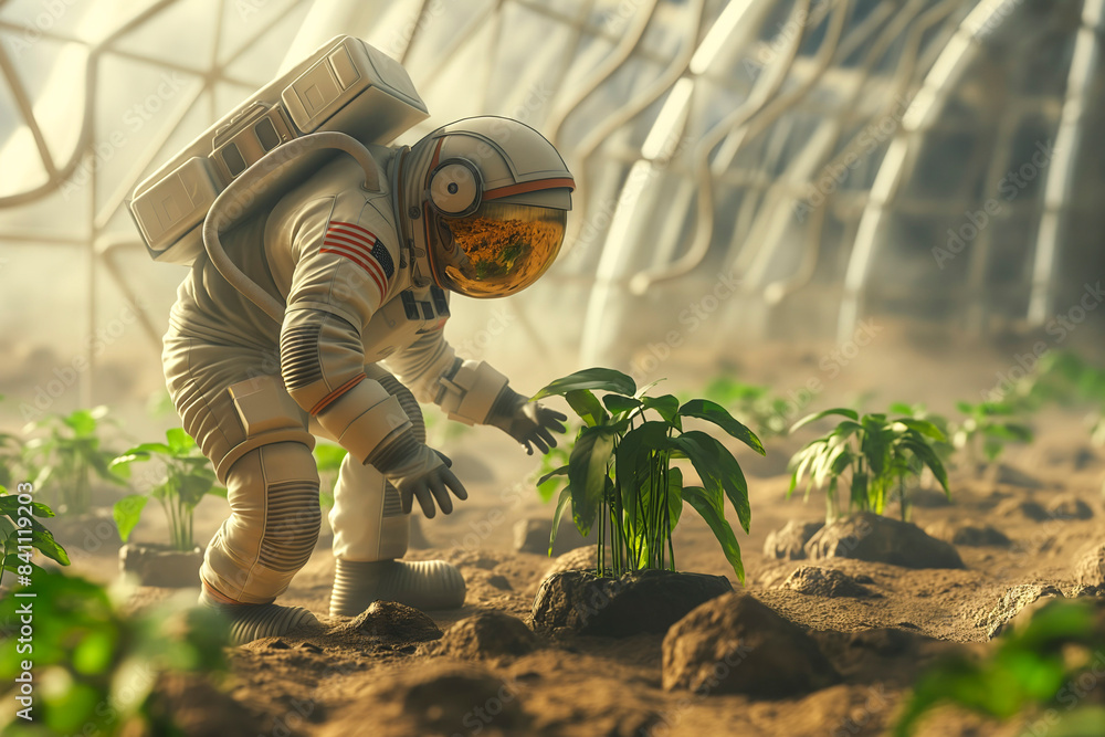Astronaut growing plant in greenhouse on Mars, futuristic fantasy image ...