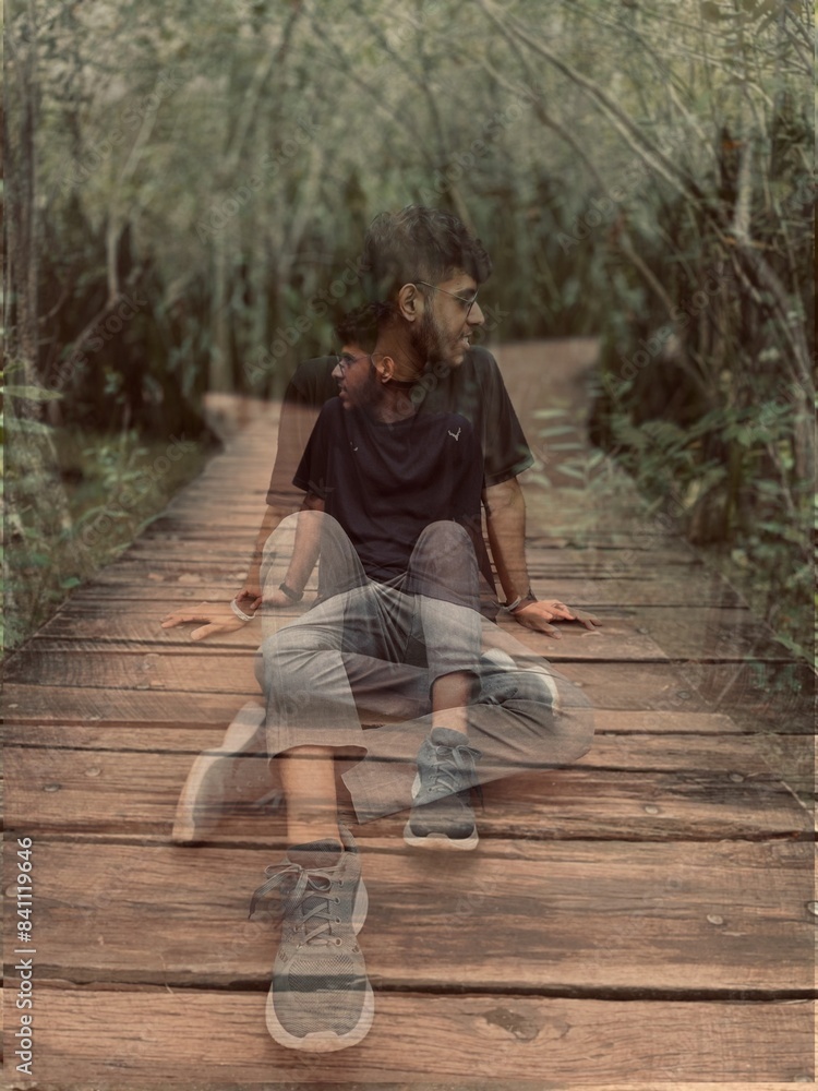 Conceptual portrait with man surrounded by his multiple personalities ...