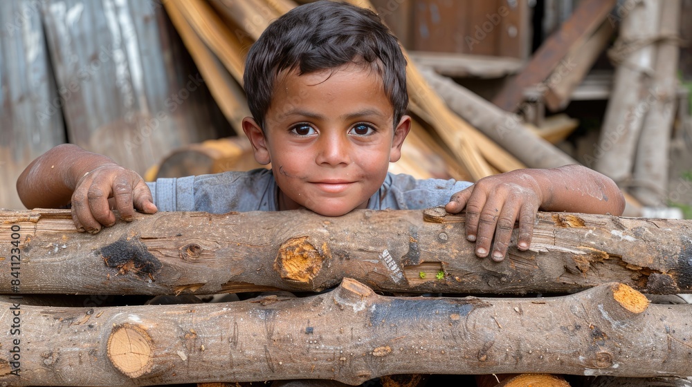 Embracing the World Day Against Child Labour concept we see a young boy ...