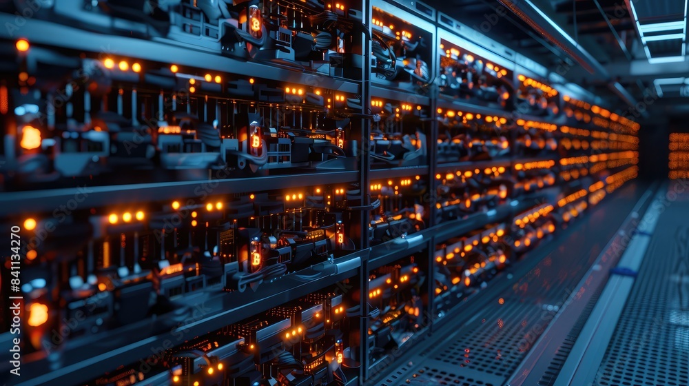 Detailed 3D model of a cryptocurrency mining farm layout, with rows of ...