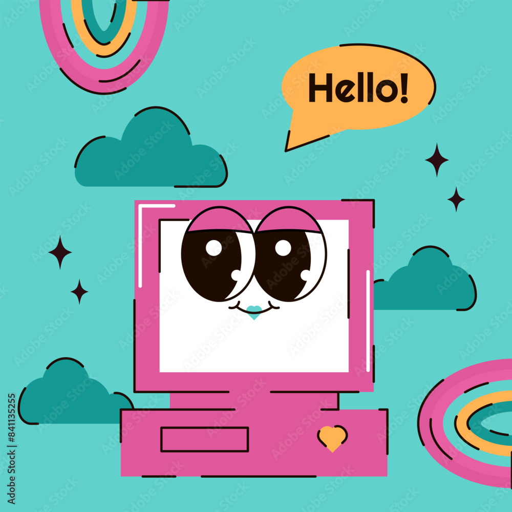 2000s retro elements rainbow vector. Groovy character computer with ...