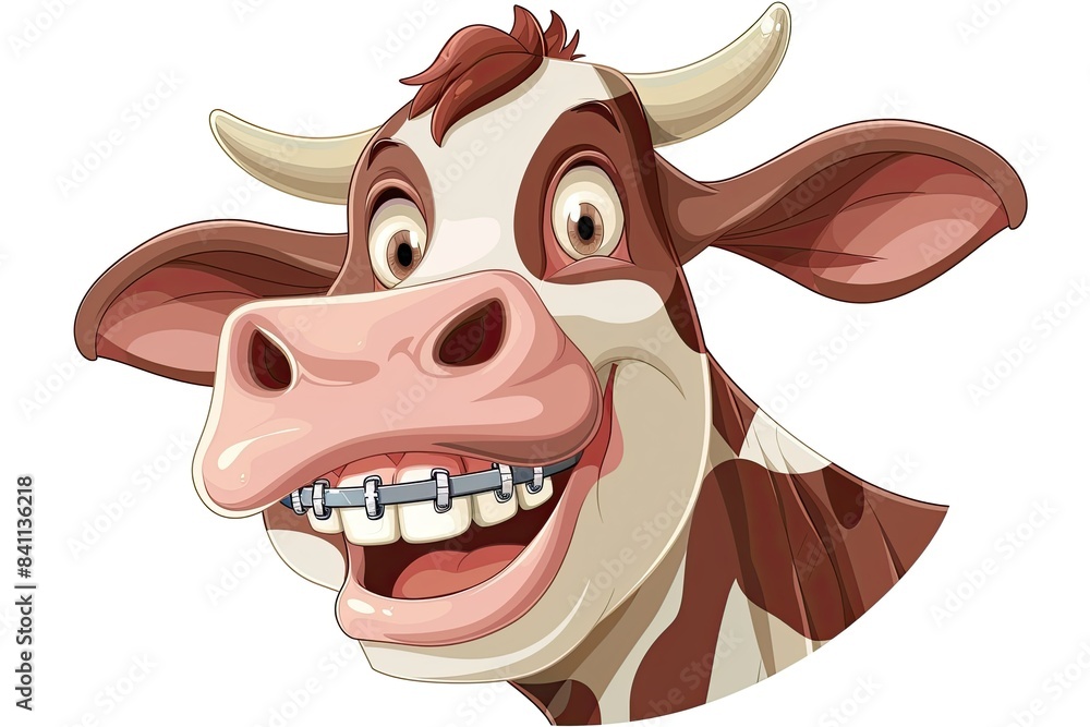 cute cartoon of cow smiling with white teeth and dental braces isolated ...