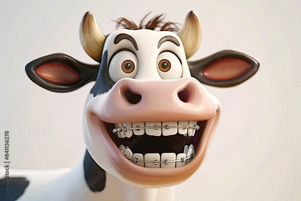 cute cartoon of cow smiling with white teeth and dental braces isolated ...