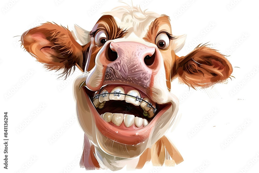 cute cartoon of cow smiling with white teeth and dental braces isolated ...