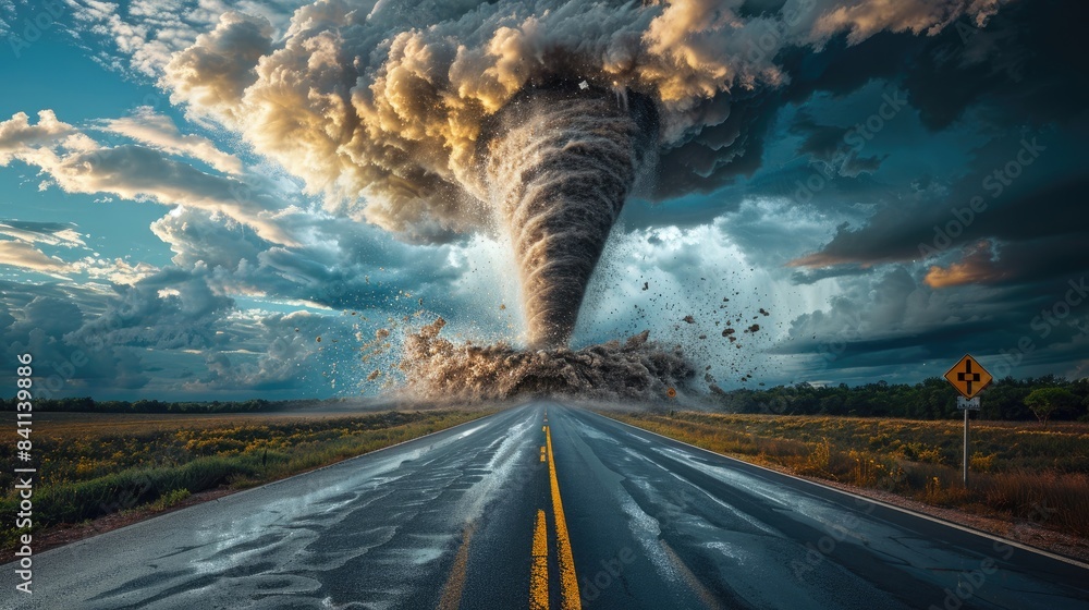 Ilustração do Stock: Enormous tornado on road sign of climate change ...