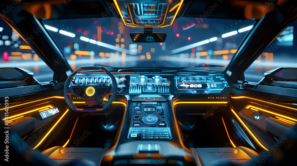 Autonomous futuristic car dashboard concept with HUD and hologram ...