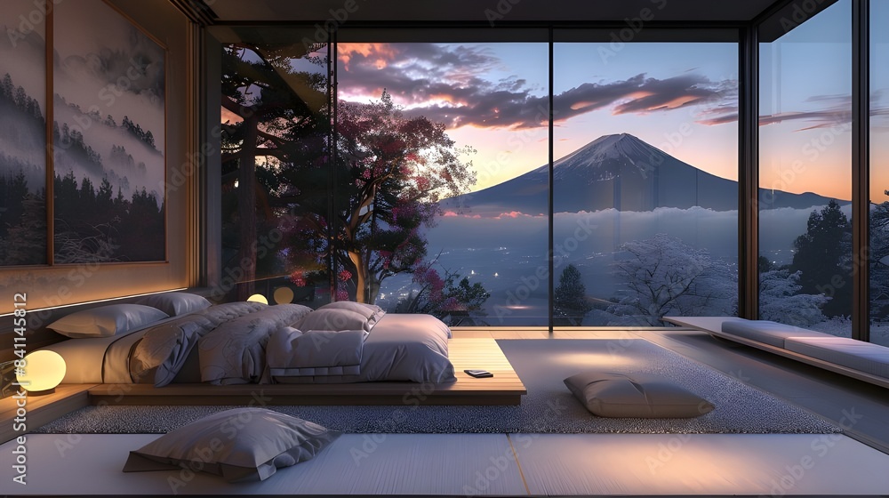 Japanese style bed room, Mt Fuji landscape scenic lake view background ...