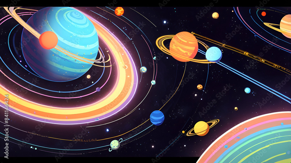 picture of a stylized representation of the solar system, with planets ...