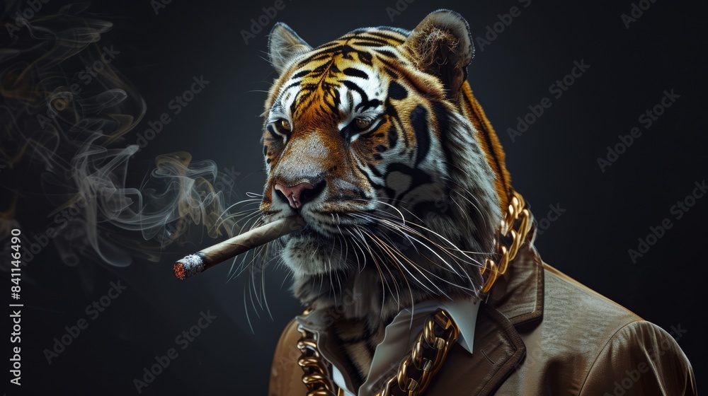 Tiger wearing a suit, smoking a cigar, on a black background. Stock ...