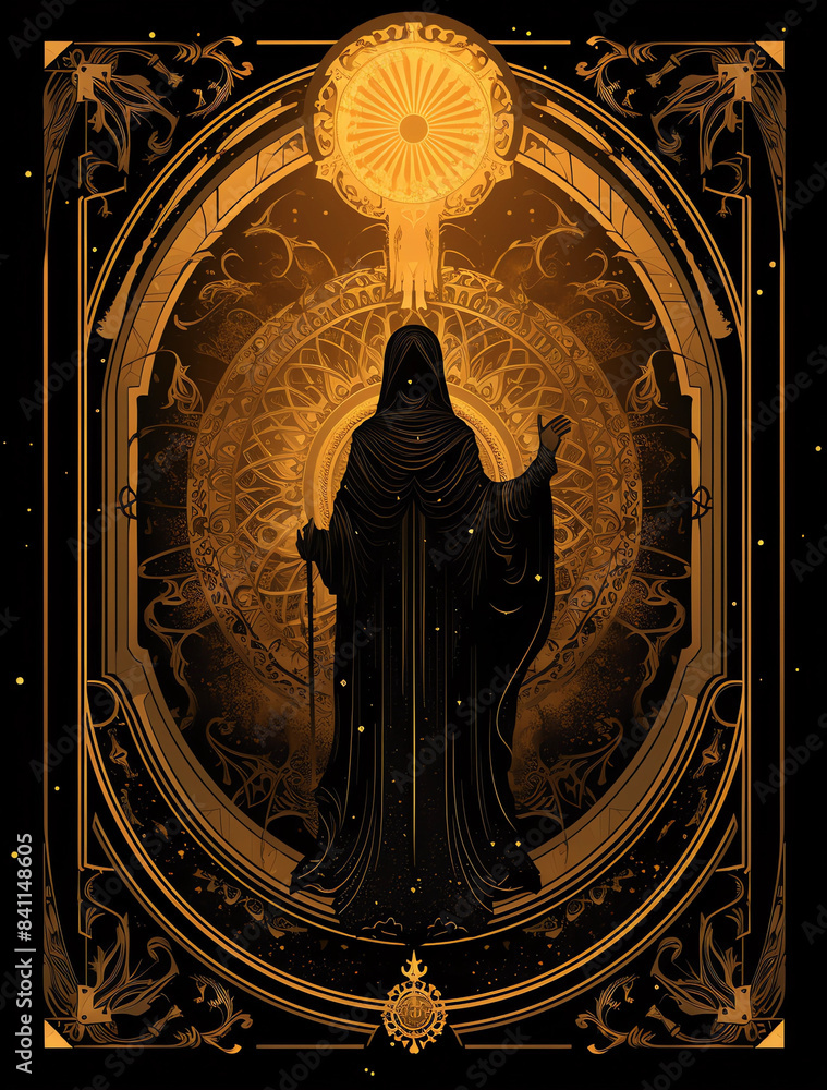 A tarot card of the dark lord, wearing black robes and a hooded cape ...