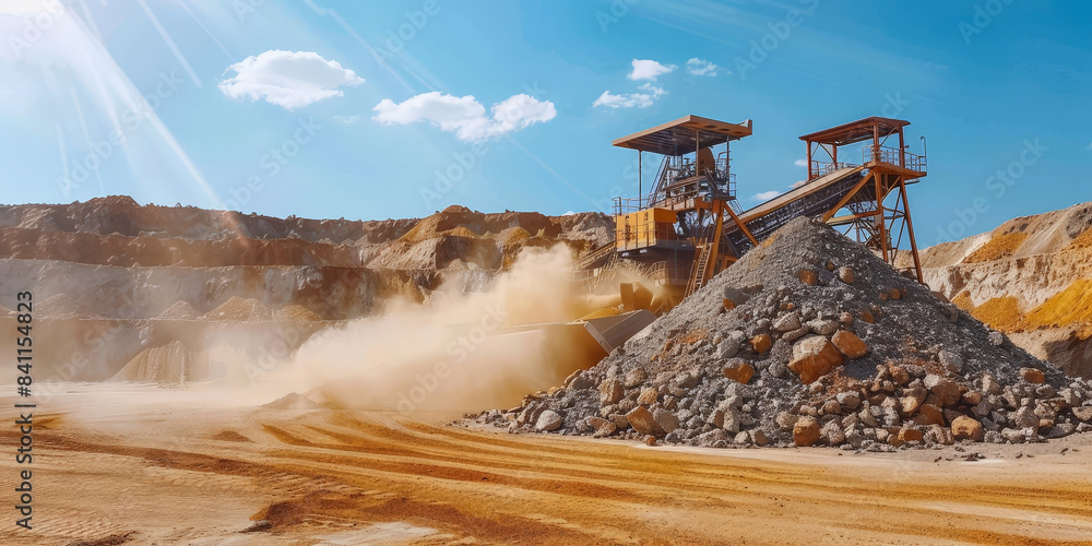 A busy sand quarry with multiple mining trucks and heavy machinery in ...
