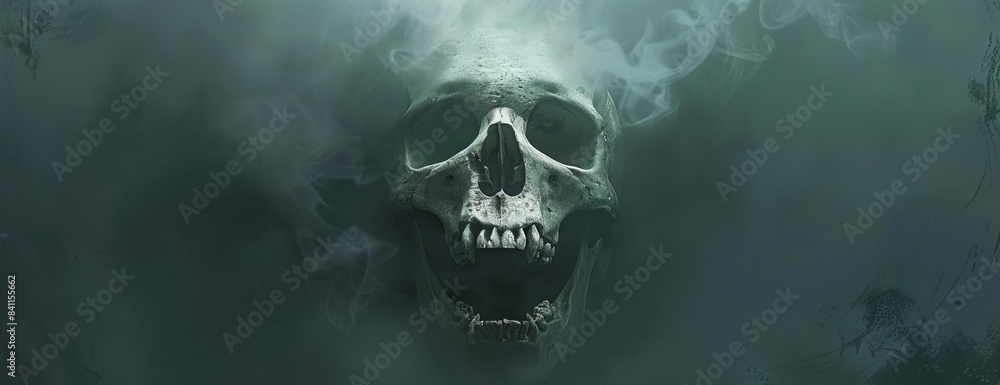 Detailed digital illustration of an open-mouthed human skull, dark and ...