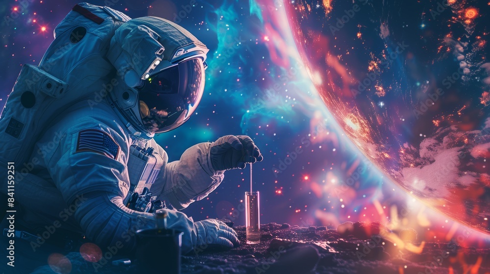 An astronaut on a space station, observing a test tube dripping liquid ...