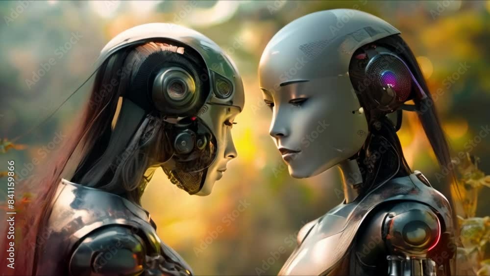 Romantic lesbian robot couple touching foreheads in nature: A side view. Concept Outdoor ...