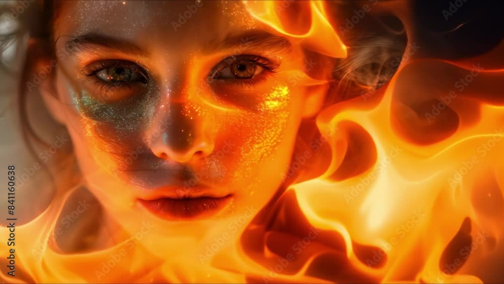 The title of the image is: "A woman's face with glowing iridescent skin ...