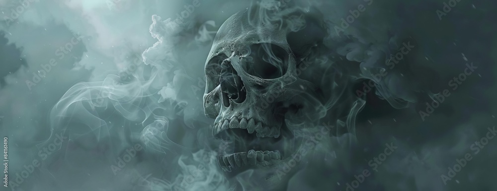 High-angle perspective of a human skull, mouth agape, surrounded by ...