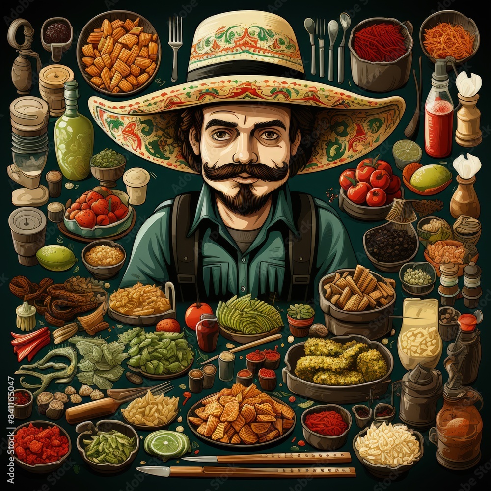 in the Mexican restaurant, a cooking Mexican food,,flat illustration ...