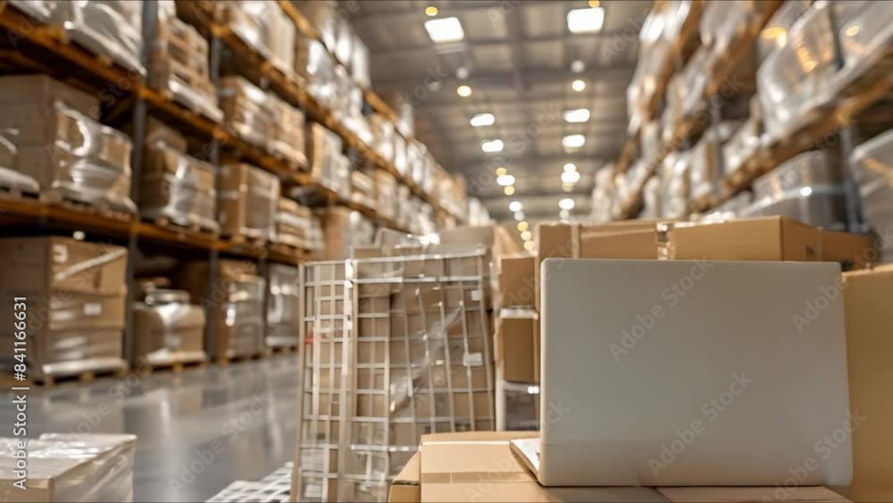 Warehouse filled with packages and laptop mockup for delivery service ...