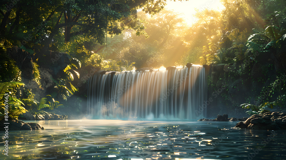 Beautiful 3D Nature and landscape wallpaper of a waterfall in a forest with sun ray Stock Photo ...