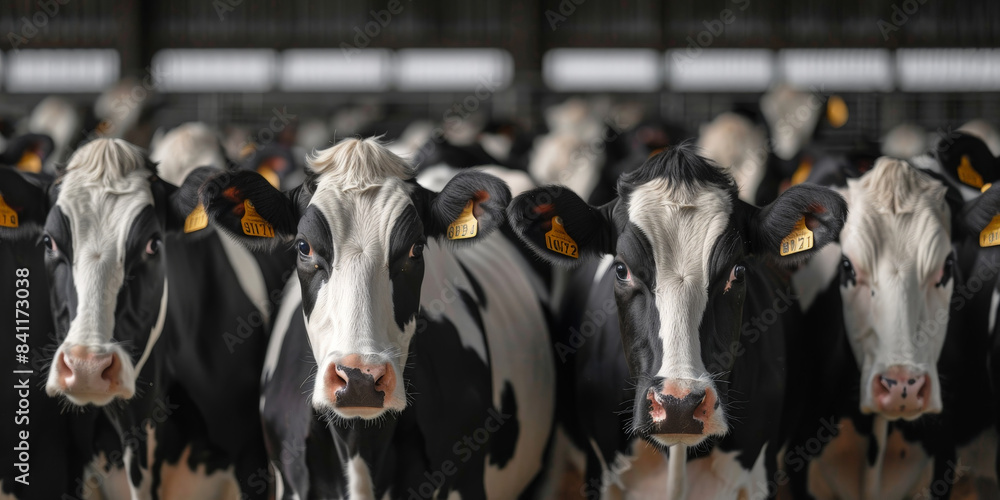 A close-up image of dairy cows lined up inside a barn, with a focus on ...