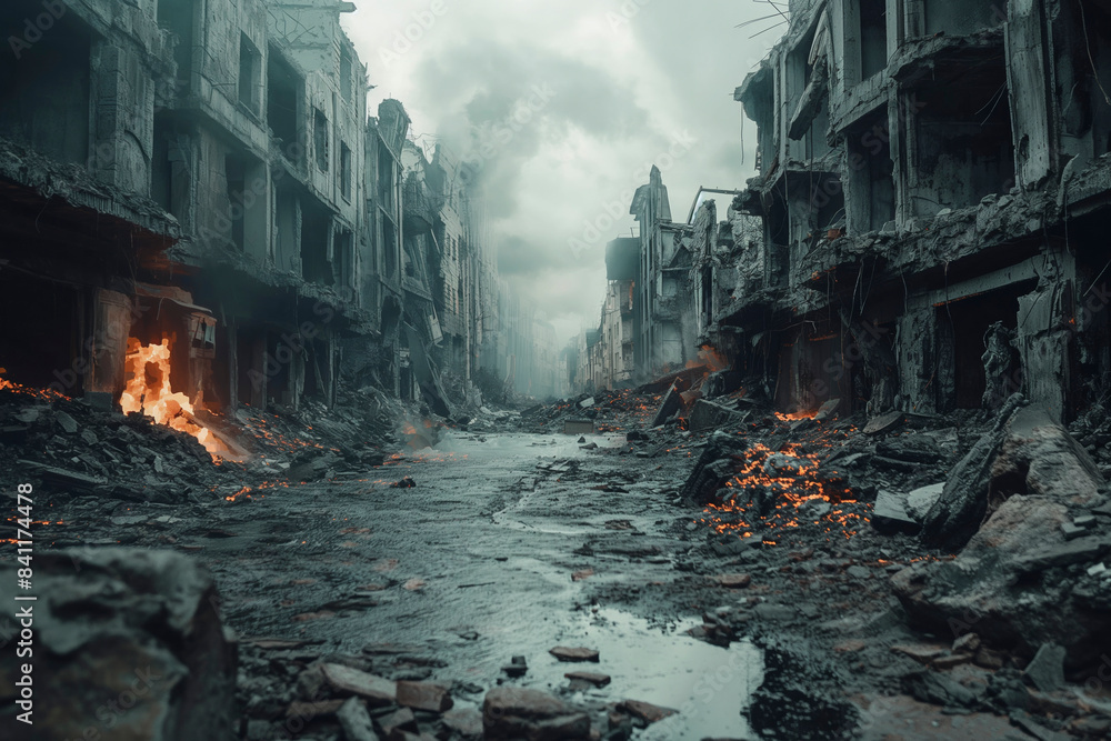 Post-apocalyptic abandoned city. Destroyed buildings, burning rubble ...