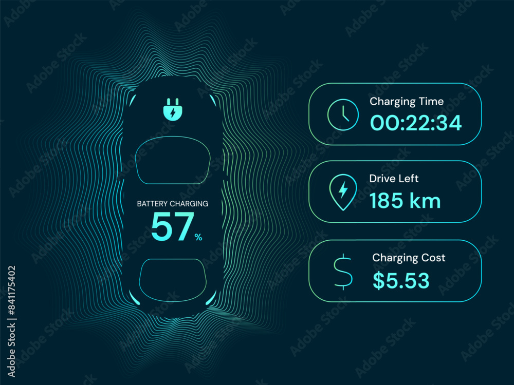 Top view electric car battery charging dashboard hologram interface ...