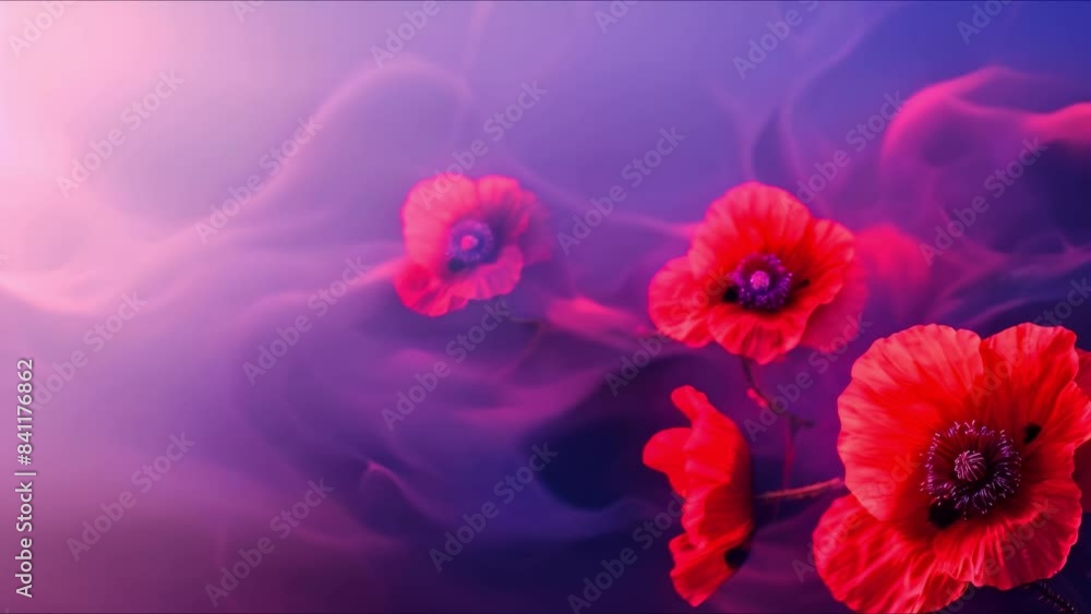Anzac Day digital design with red poppy flowers on a purple background ...