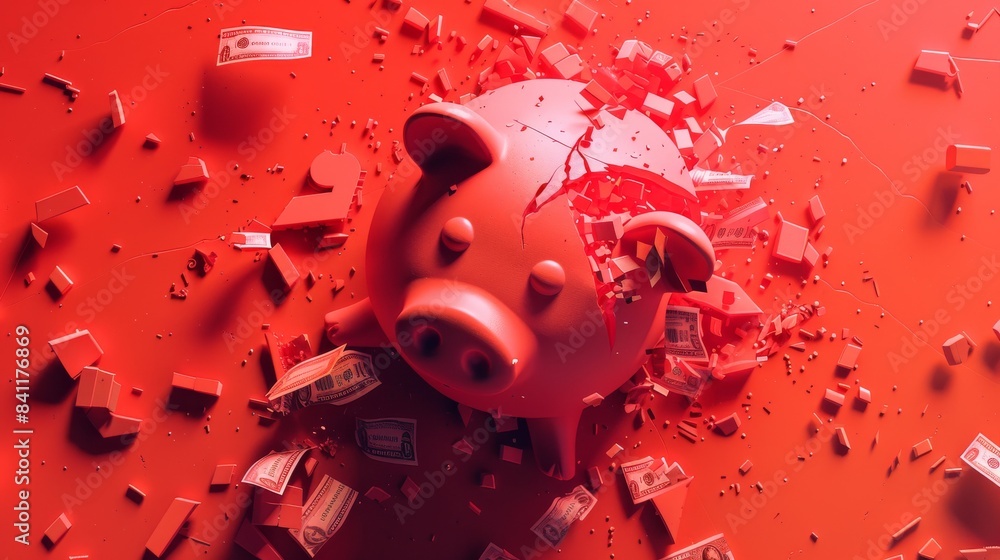 Cracked piggy bank, torn banknotes scattered, falling red financial ...