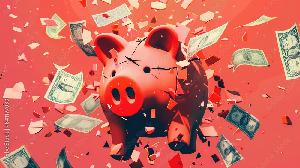 Cracked piggy bank, torn banknotes scattered, falling red financial ...